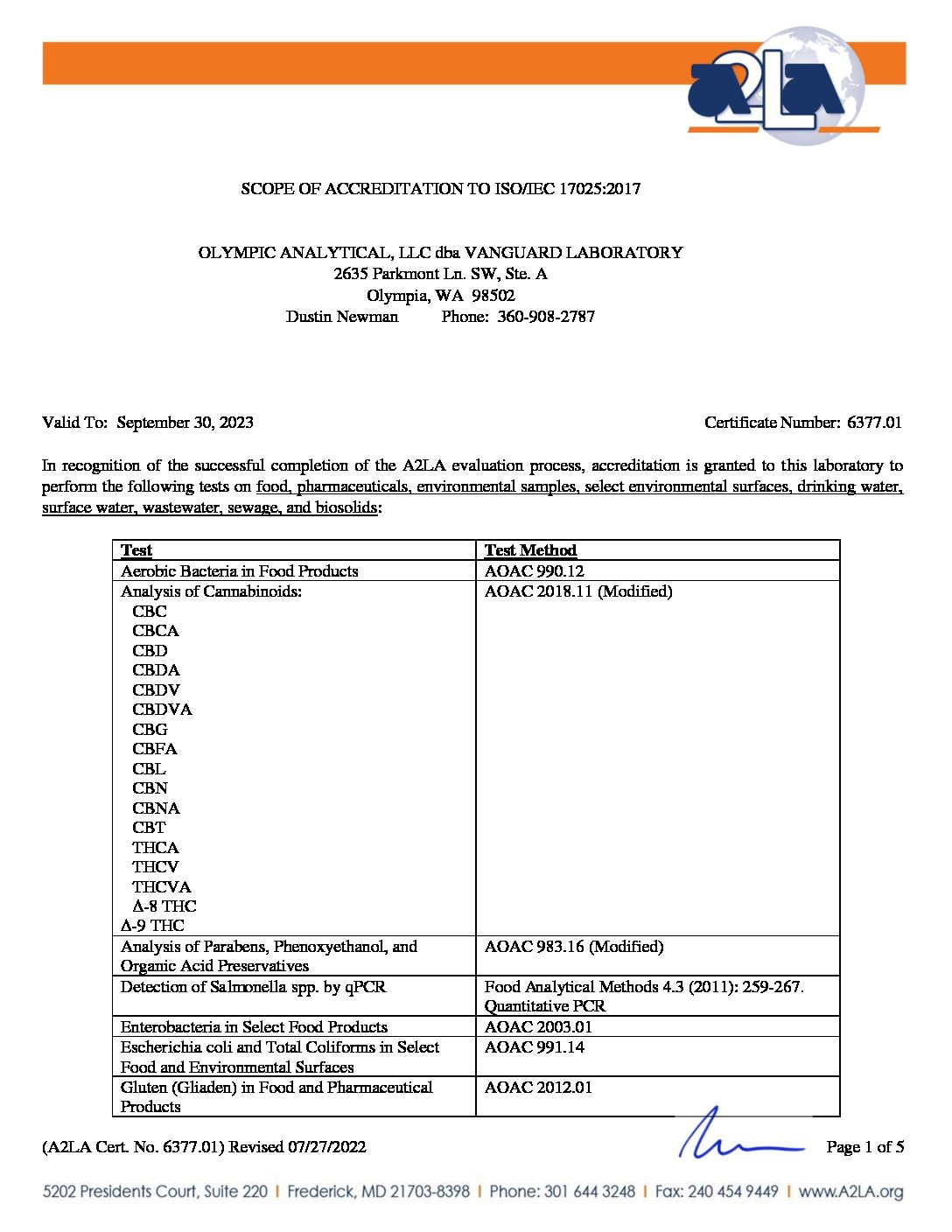 ISO/IEC 17025:2017 Testing A2LA Certificate and Scope - Vanguard Laboratory